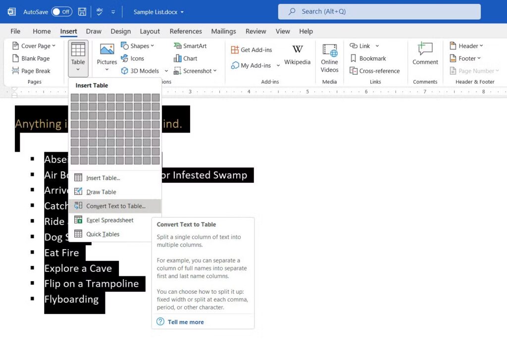 Automatically convert text to a table in Word step by step
