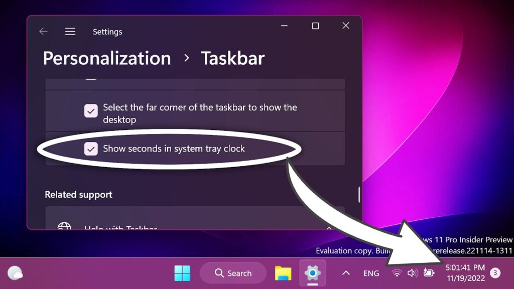 Show seconds on the taskbar clock in Windows 11