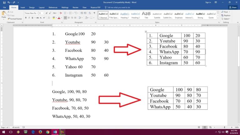 Automatically convert text to a table in Word step by step