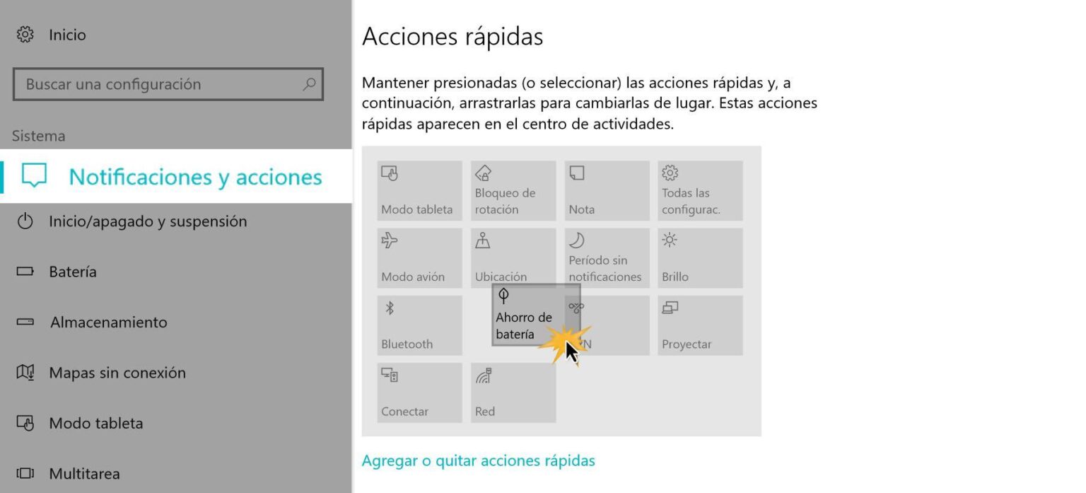 Configurar acciones rápidas en el centro de actividades